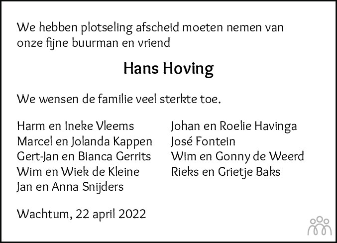 Johannes (Hans) Hoving 22-04-2022 overlijdensbericht en condoleances - Mensenlinq.nl