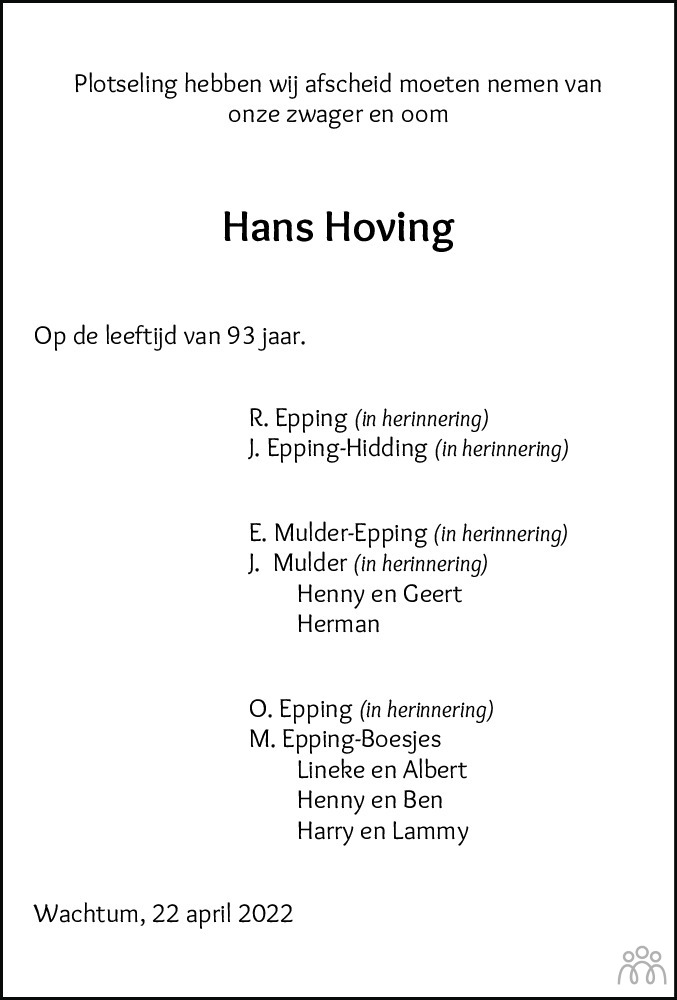 Johannes (Hans) Hoving 22-04-2022 overlijdensbericht en condoleances - Mensenlinq.nl
