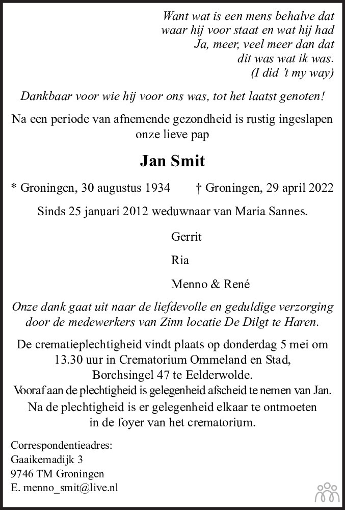 Jan Smit 29-04-2022 overlijdensbericht en condoleances - Mensenlinq.nl