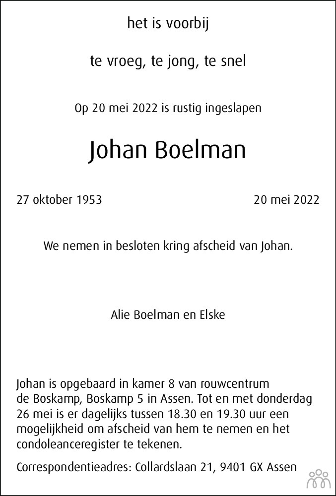 Johan Boelman 20-05-2022 overlijdensbericht en condoleances - Mensenlinq.nl