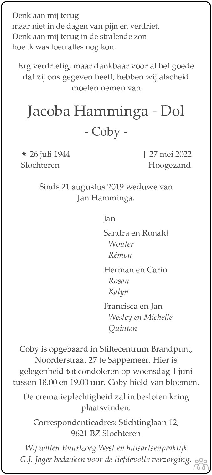 Jacoba (Coby) Hamminga-Dol 27-05-2022 overlijdensbericht en ...