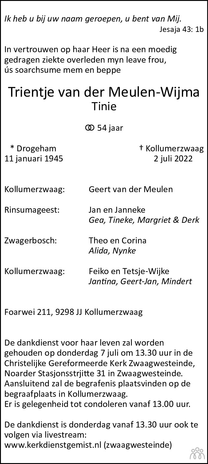 Trientje (Tinie) van der Meulen-Wijma 02-07-2022 overlijdensbericht en ...