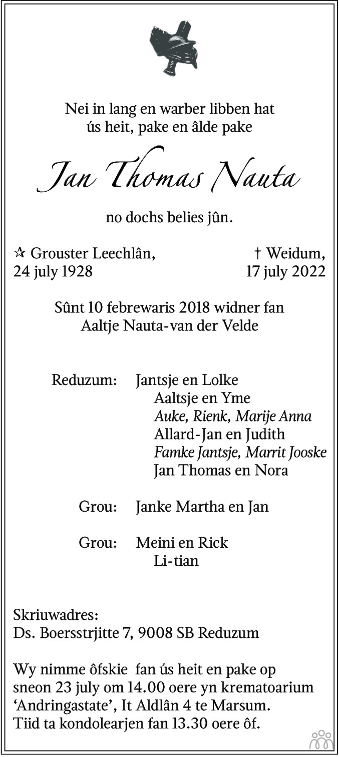 Jan Thomas Nauta 17-07-2022 overlijdensbericht en condoleances ...
