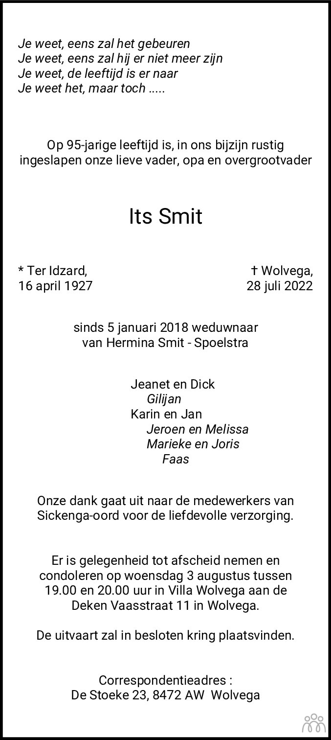Its Smit 28-07-2022 overlijdensbericht en condoleances - Mensenlinq.nl