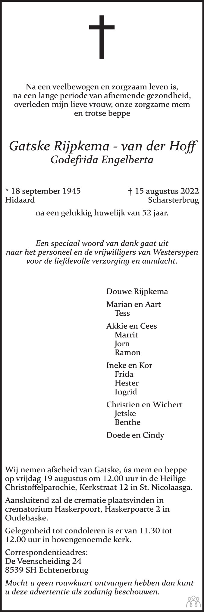 Godefrida Engelberta (Gatske) Rijpkema-van der Hoff 15-08-2022 ...