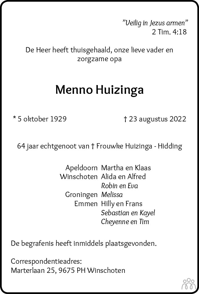 Menno Huizinga 23-08-2022 overlijdensbericht en condoleances ...