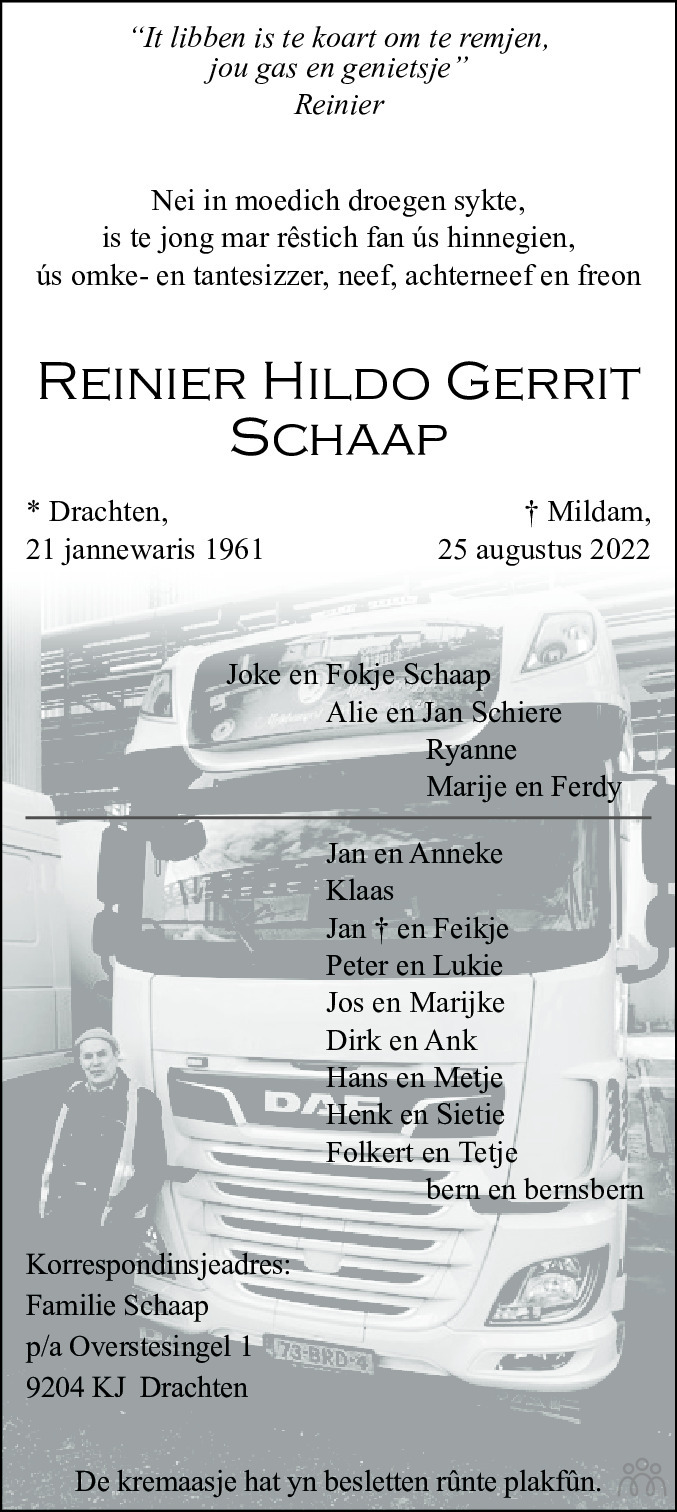 Reinier Hildo Gerrit Schaap 25-08-2022 overlijdensbericht en ...