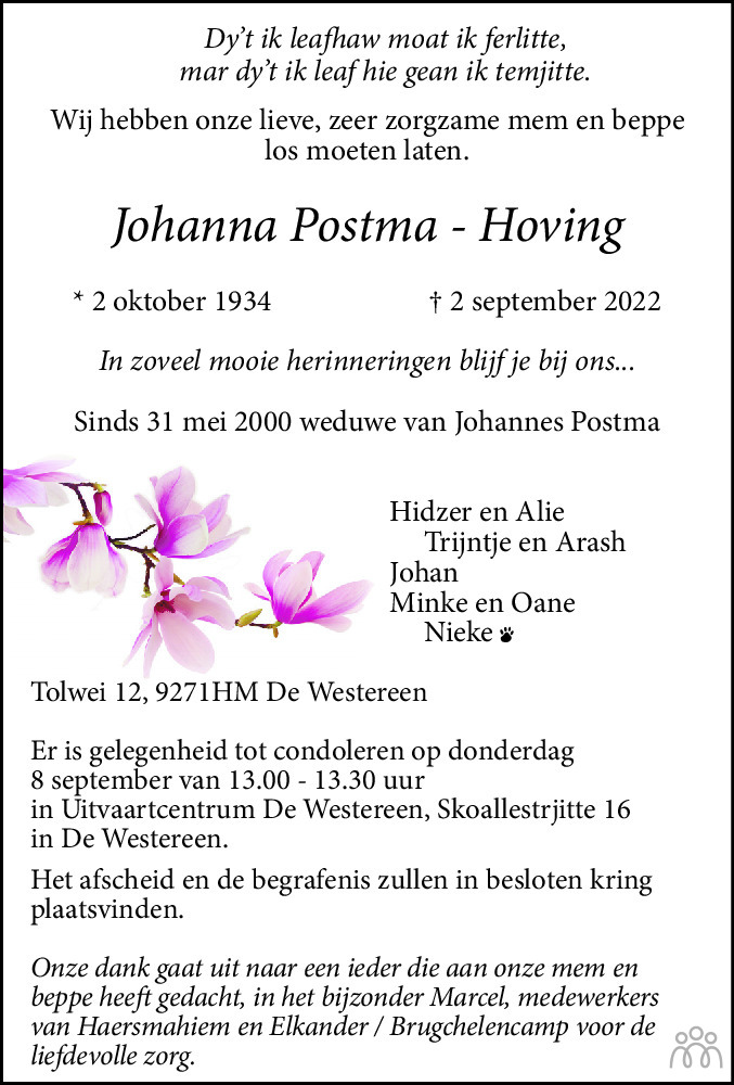Johanna Postma-Hoving 02-09-2022 overlijdensbericht en condoleances ...