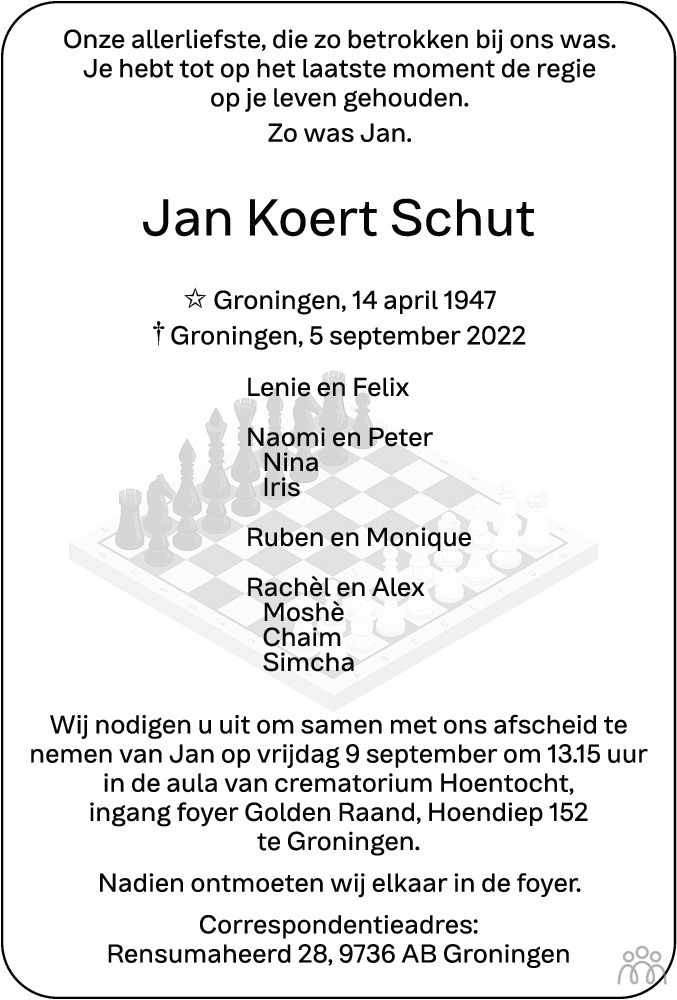 Jan Koert Schut 05-09-2022 overlijdensbericht en condoleances ...