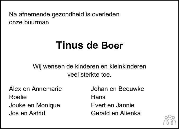 Tinus de Boer 05-09-2022 overlijdensbericht en condoleances - Mensenlinq.nl