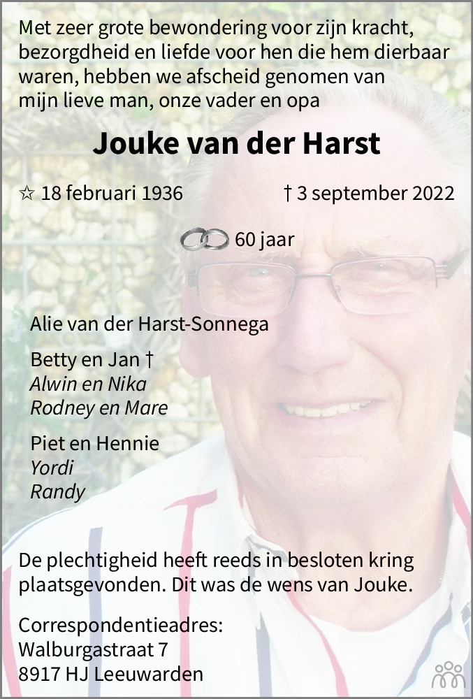 Jouke van der Harst 03-09-2022 overlijdensbericht en condoleances ...