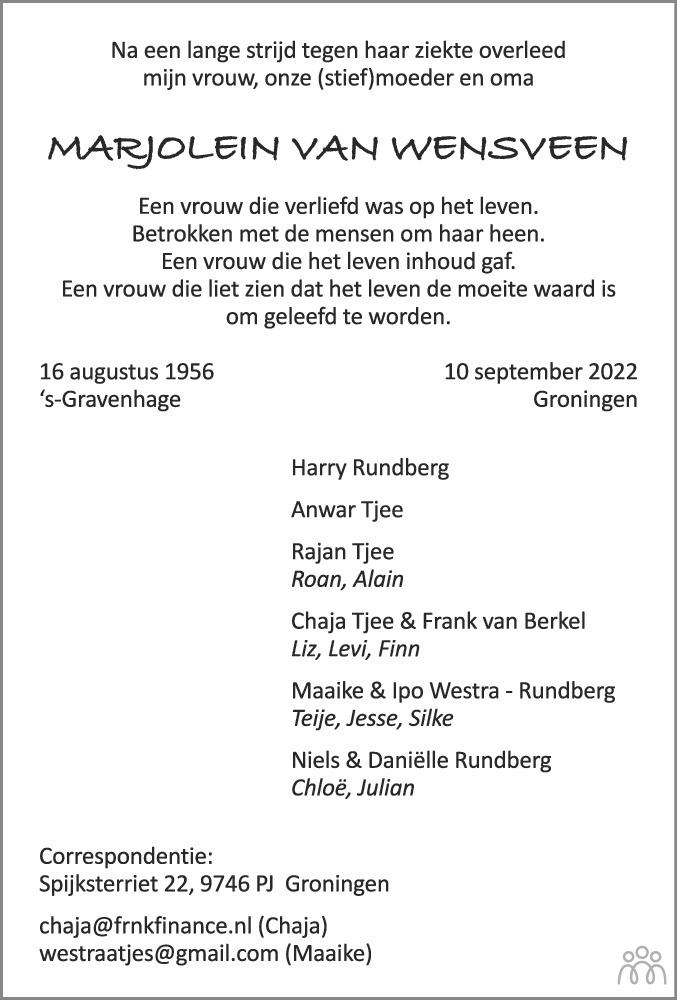 Marjolein van Wensveen 10-09-2022 overlijdensbericht en condoleances ...