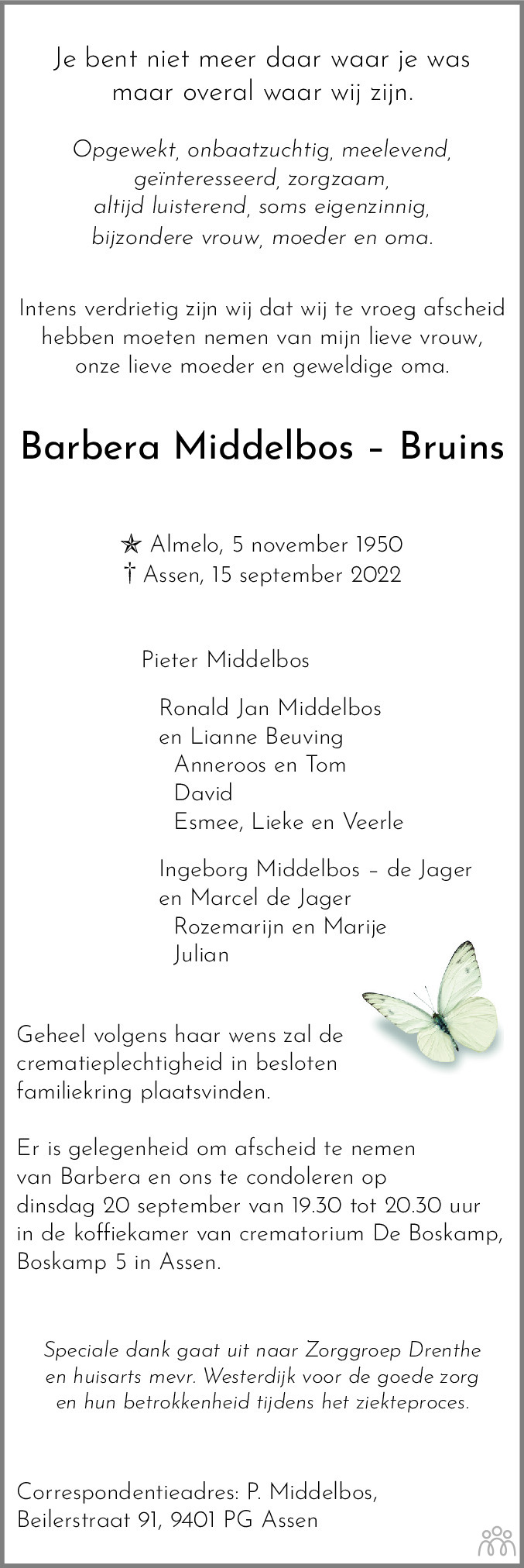 Barbera Middelbos-Bruins 15-09-2022 overlijdensbericht en condoleances ...