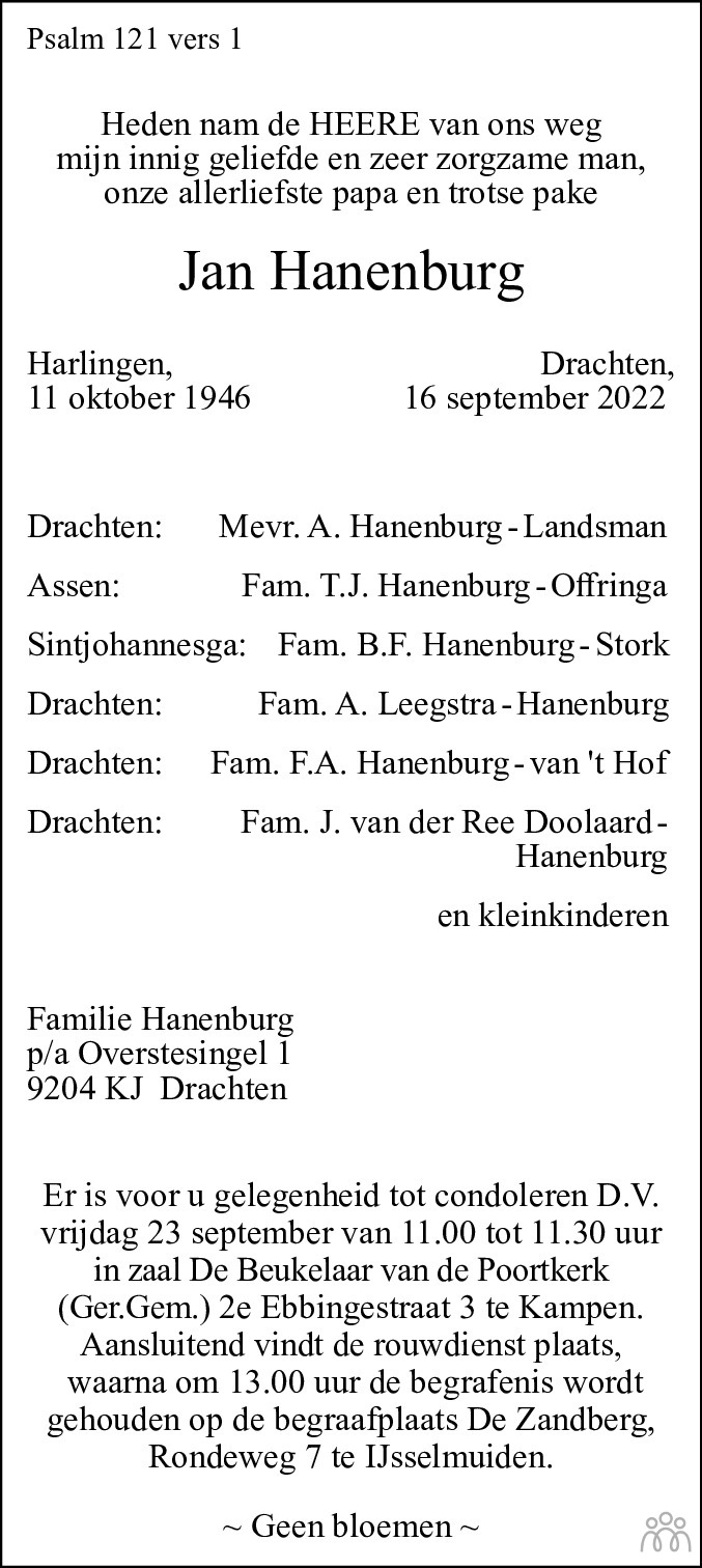 Jan Hanenburg 16-09-2022 overlijdensbericht en condoleances - Mensenlinq.nl