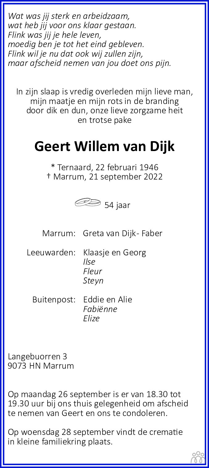 Geert Willem van Dijk 21-09-2022 overlijdensbericht en condoleances ...