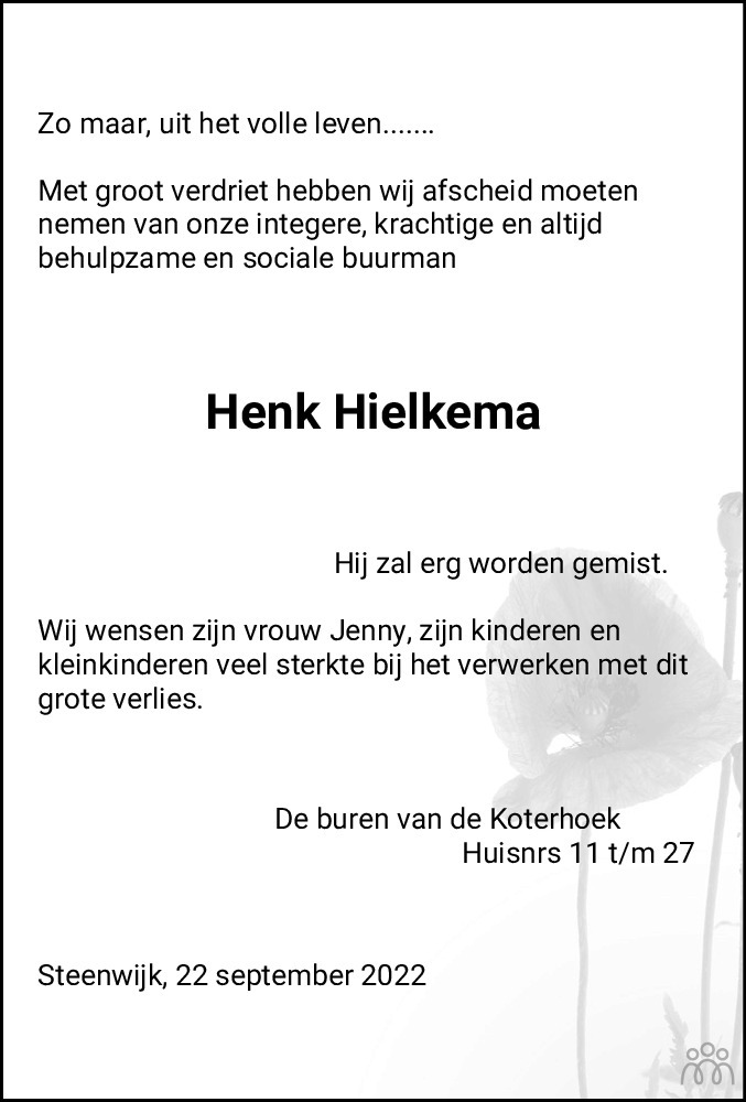 Hendrik Hielkema 22-09-2022 overlijdensbericht en condoleances - Mensenlinq.nl