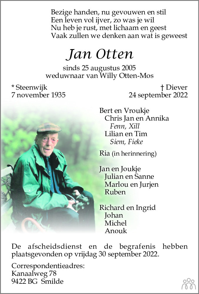 Jan Otten 24-09-2022 overlijdensbericht en condoleances - Mensenlinq.nl