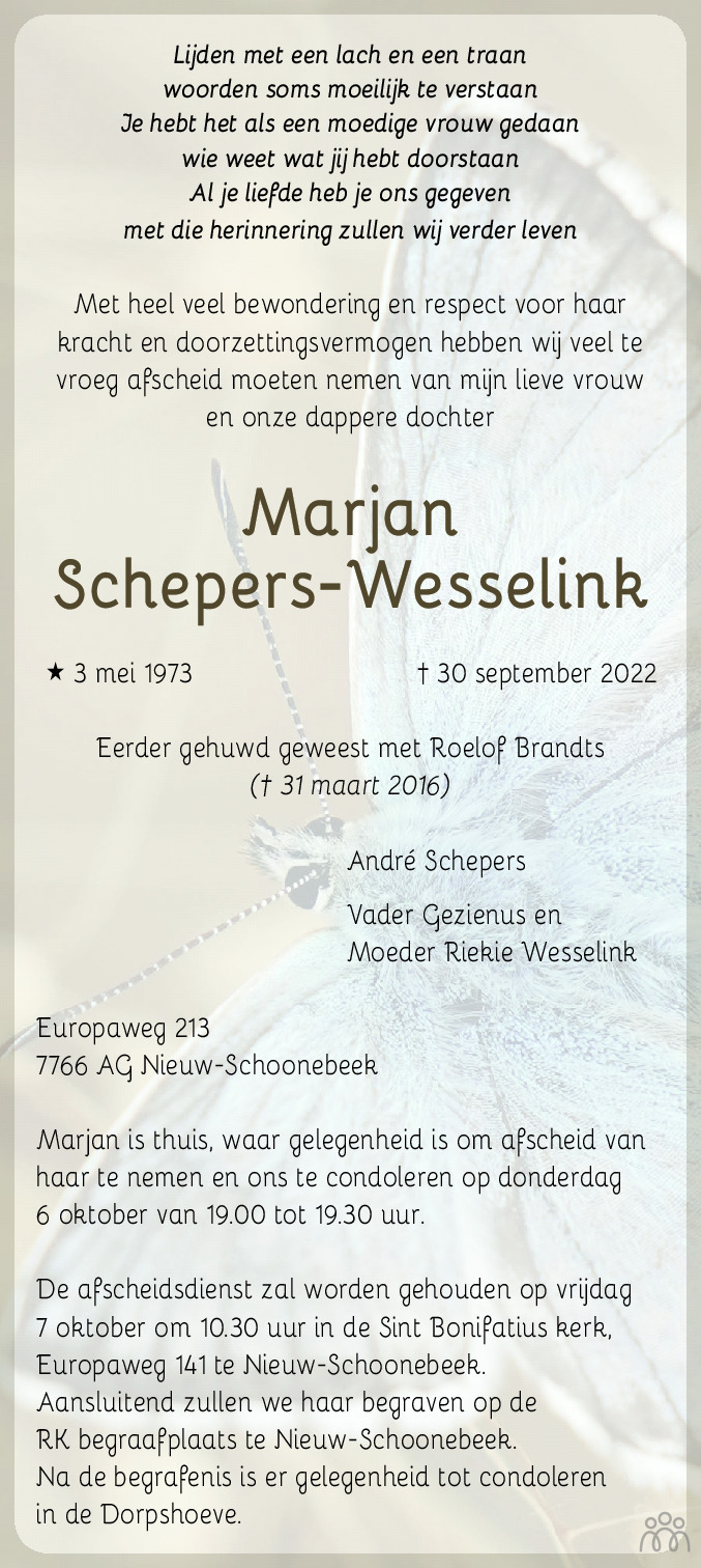 Marjan Schepers-Wesselink 30-09-2022 overlijdensbericht en condoleances - Mensenlinq.nl