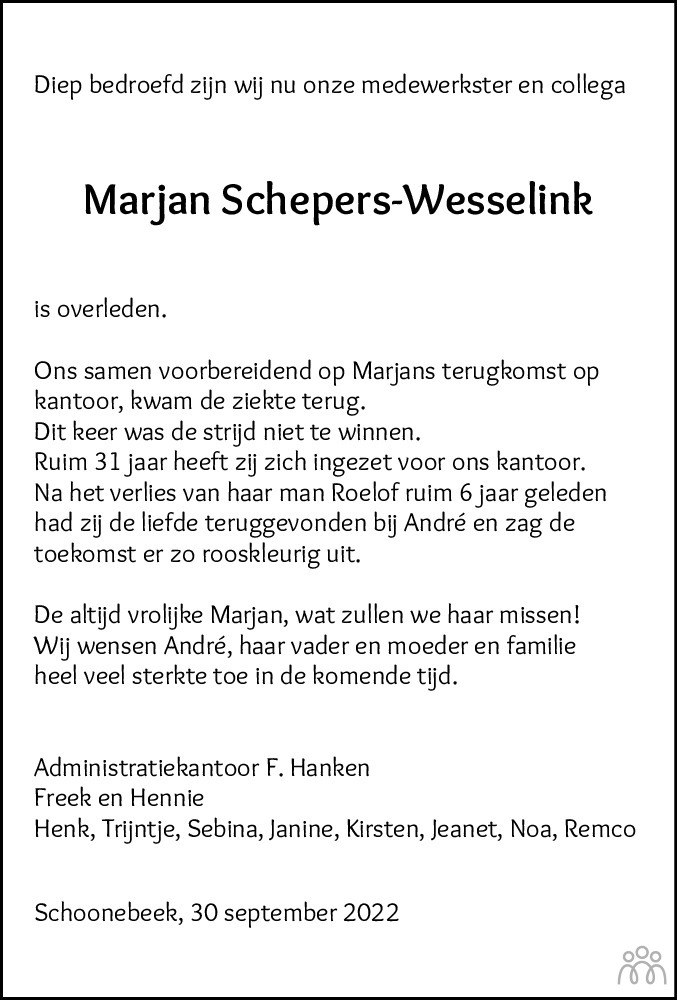 Marjan Schepers-Wesselink 30-09-2022 overlijdensbericht en condoleances - Mensenlinq.nl