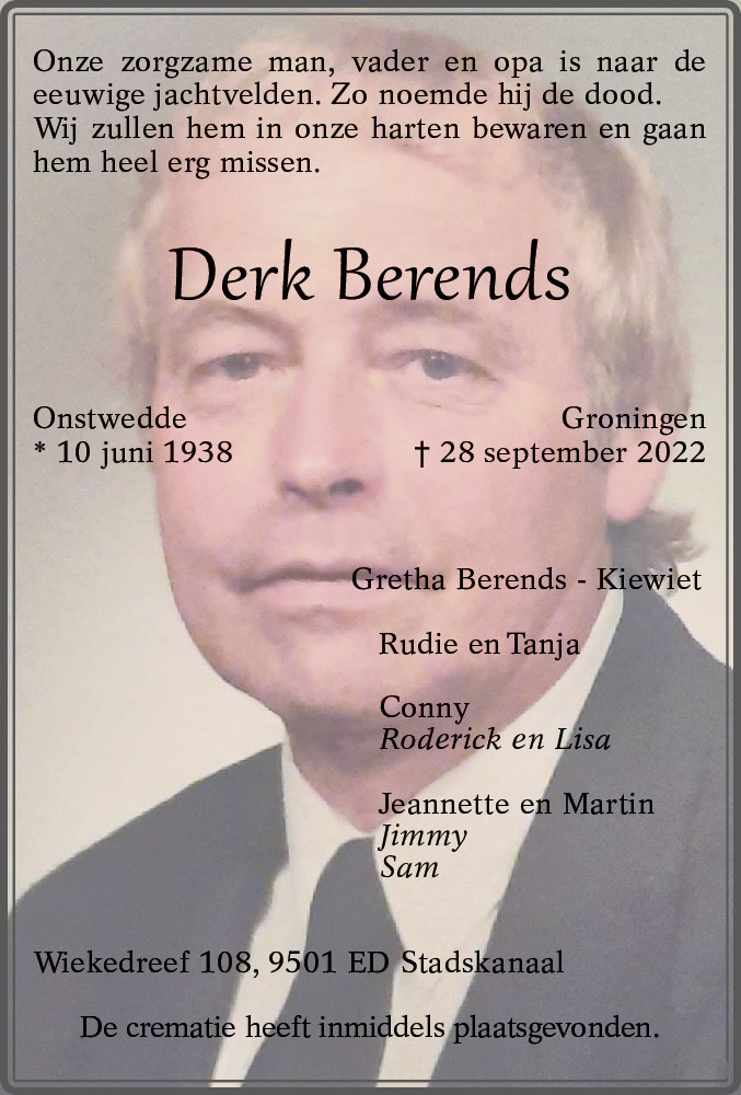 Derk Berends 28-09-2022 overlijdensbericht en condoleances - Mensenlinq.nl