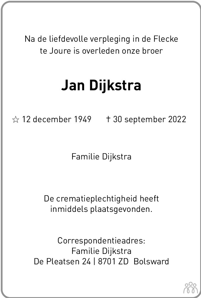 Jan Dijkstra 30-09-2022 overlijdensbericht en condoleances - Mensenlinq.nl