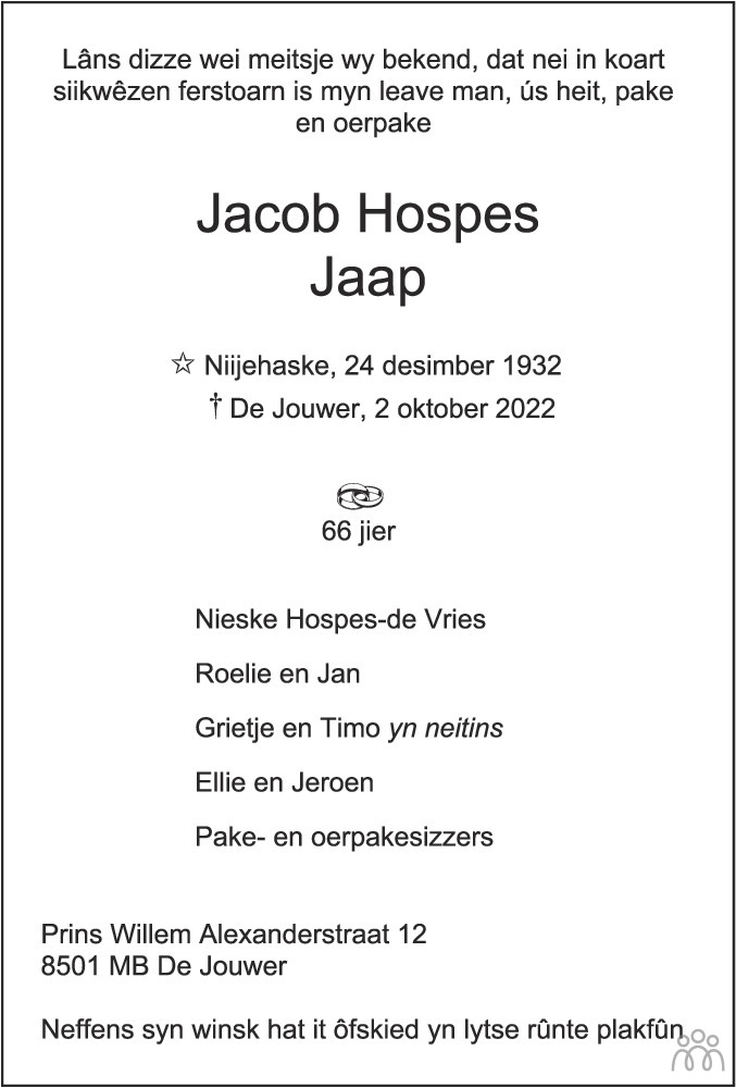 Jacob (Jaap) Hospes 02-10-2022 overlijdensbericht en condoleances ...