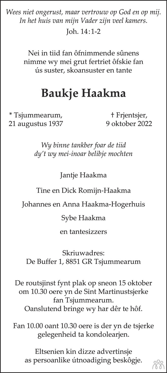 Baukje Haakma 09-10-2022 overlijdensbericht en condoleances - Mensenlinq.nl Baukje Haakma 09-10-2022 overlijdensbericht en condoleances - Mensenlinq.nl