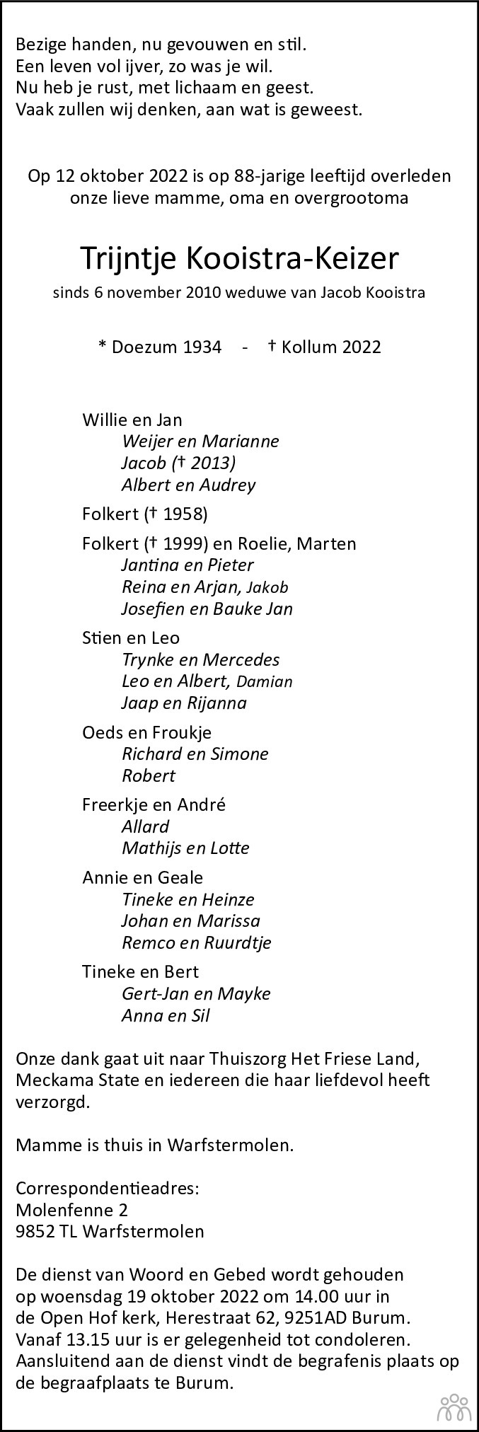 Trijntje (Trientje) Kooistra-Keizer 12-10-2022 overlijdensbericht en ...