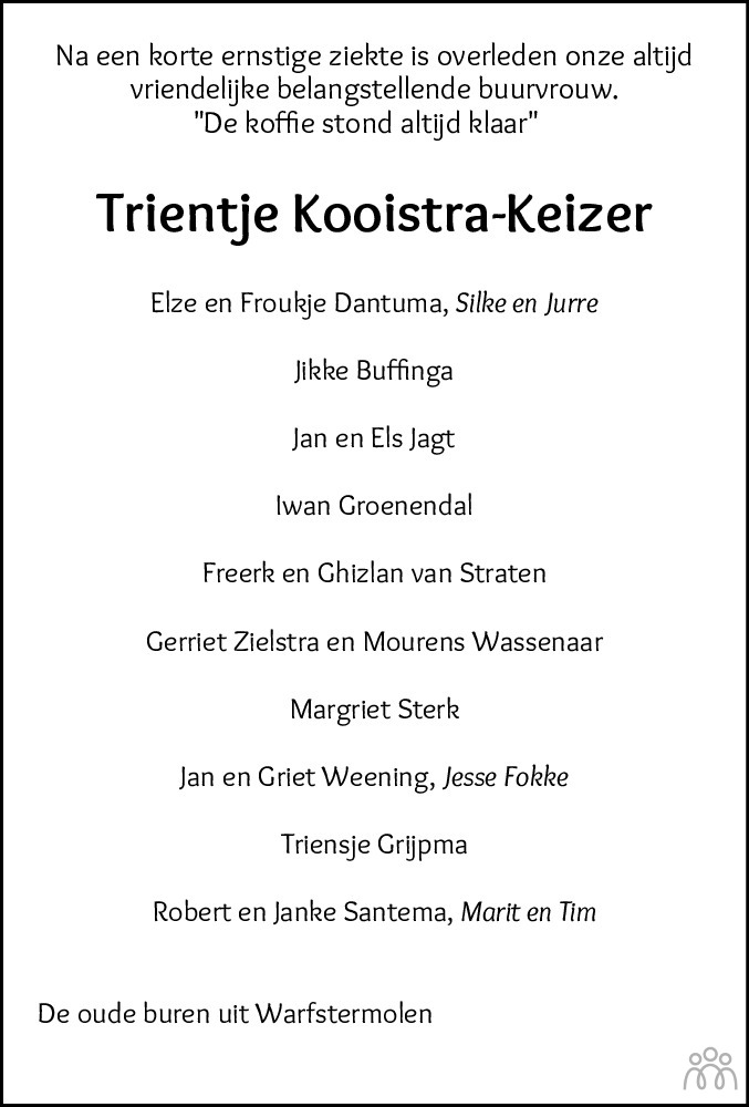 Trijntje (Trientje) Kooistra-Keizer 12-10-2022 overlijdensbericht en ...