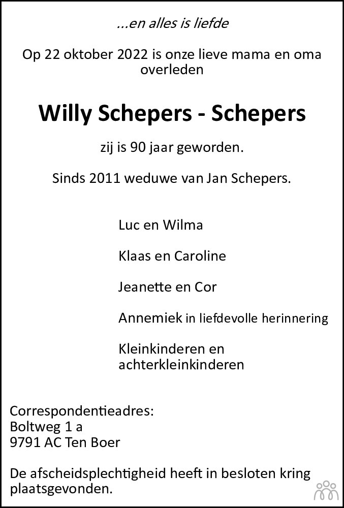 Willy Schepers-Schepers 22-10-2022 overlijdensbericht en condoleances ...