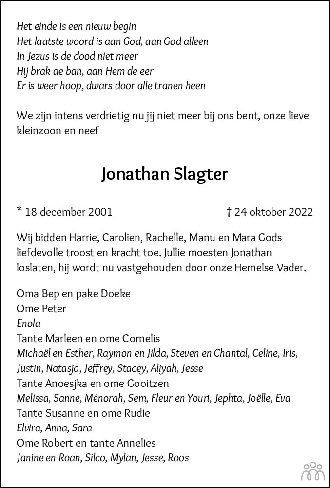 Jonathan Slagter 24-10-2022 overlijdensbericht en condoleances ...