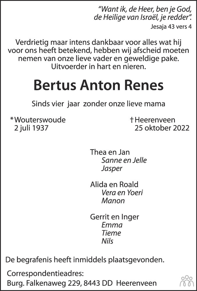 Bertus Anton Renes 25-10-2022 overlijdensbericht en condoleances ...