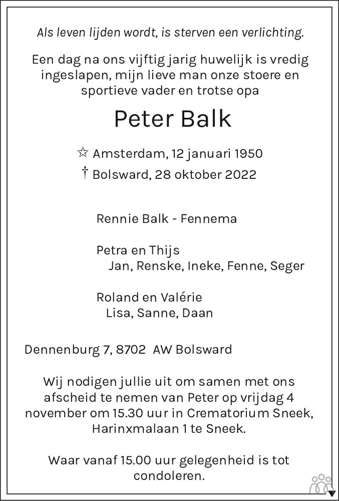 Peter Balk 28-10-2022 overlijdensbericht en condoleances - Mensenlinq.nl