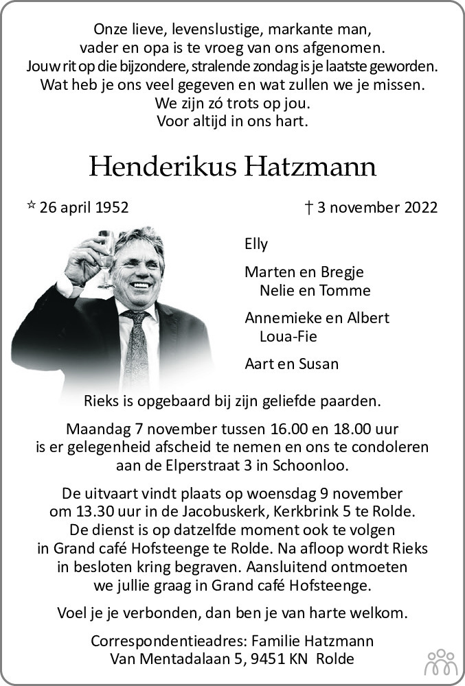 Henderikus Hatzmann 03-11-2022 overlijdensbericht en condoleances ...