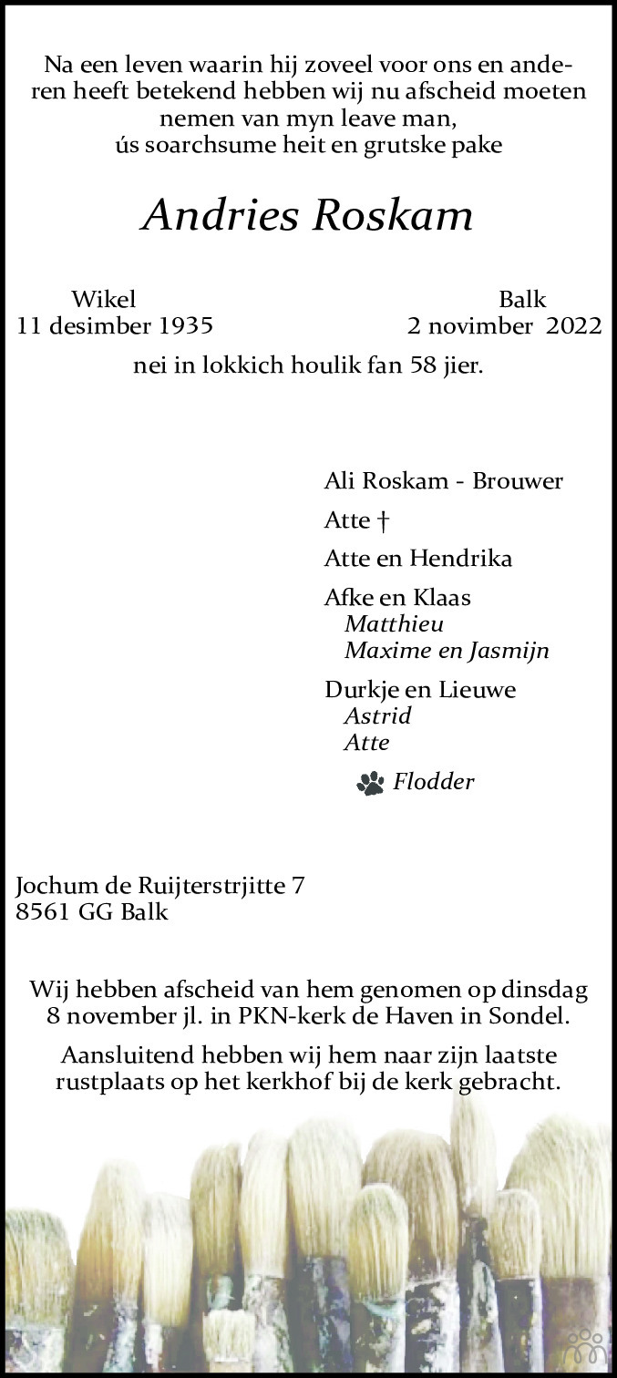 Andries Roskam 02-11-2022 overlijdensbericht en condoleances ...