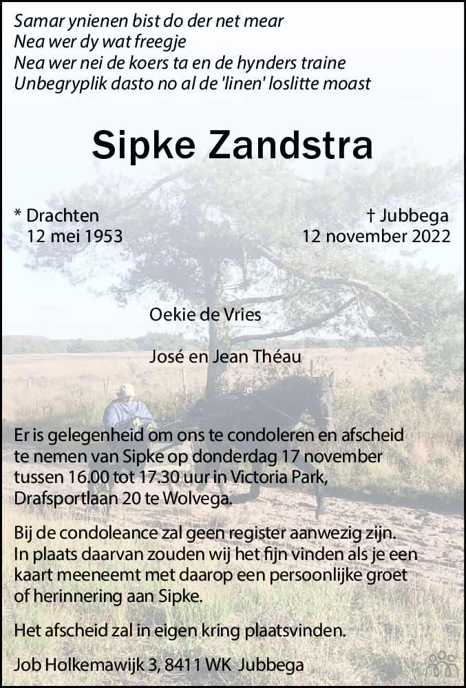 Sipke Zandstra 12-11-2022 overlijdensbericht en condoleances ...