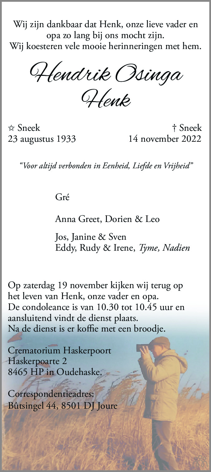 Hendrik (Henk) Osinga 14-11-2022 overlijdensbericht en condoleances ... Hendrik (Henk) Osinga 14-11-2022 overlijdensbericht en condoleances ...
