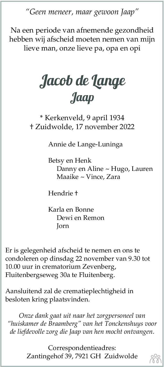 Jaap (Jacob) de Lange 17-11-2022 overlijdensbericht en condoleances ...