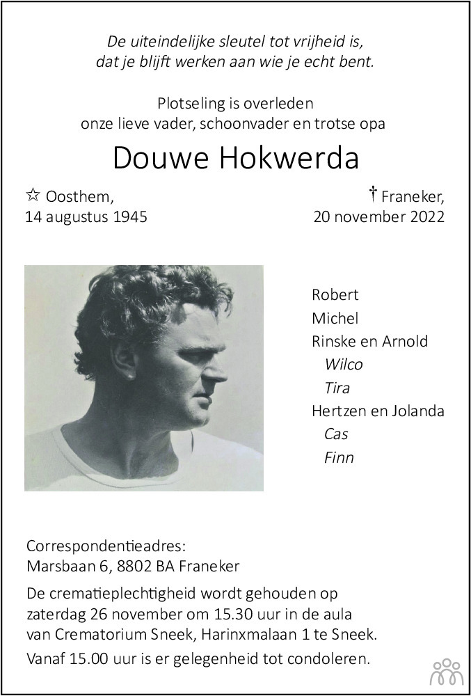 Douwe Hokwerda 20-11-2022 overlijdensbericht en condoleances ...