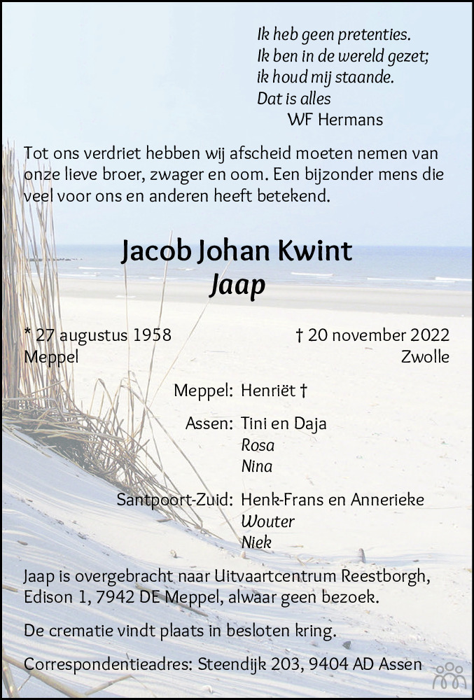 Jacob Johan (Jaap) Kwint 20-11-2022 overlijdensbericht en condoleances ...