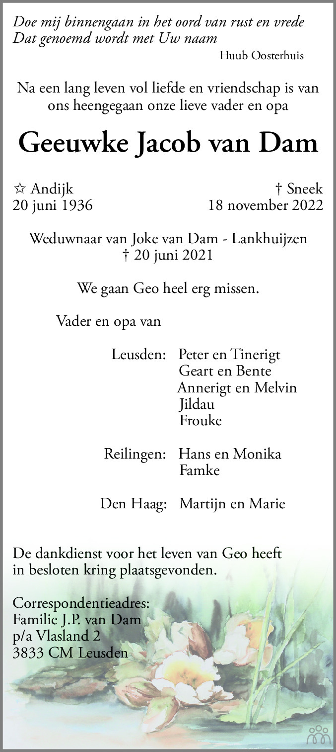 Geeuwke Jacob van Dam 18-11-2022 overlijdensbericht en condoleances ...