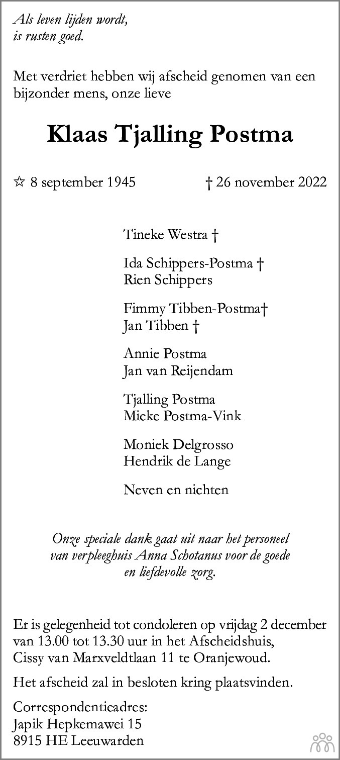 Klaas Tjalling Postma 26-11-2022 overlijdensbericht en condoleances - Mensenlinq.nl