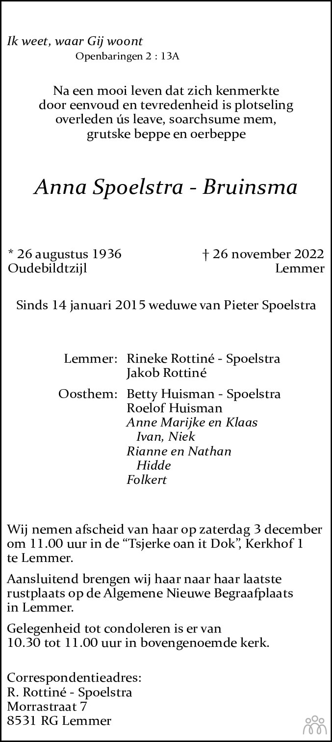 Anna Spoelstra-Bruinsma 26-11-2022 overlijdensbericht en condoleances ...