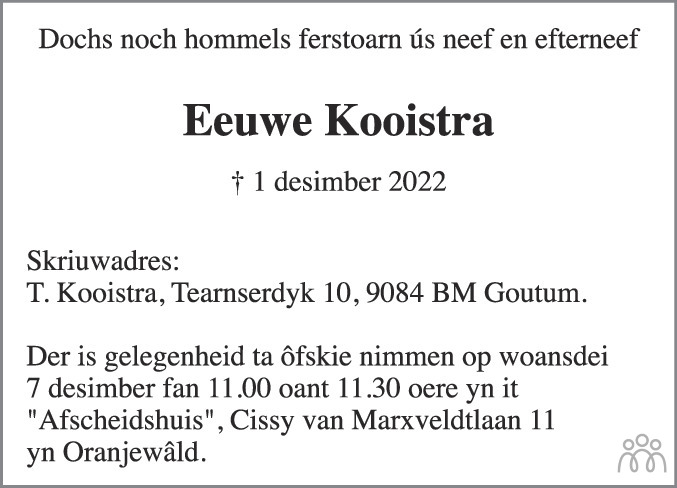 Eeuwe Kooistra 01-12-2022 overlijdensbericht en condoleances ...