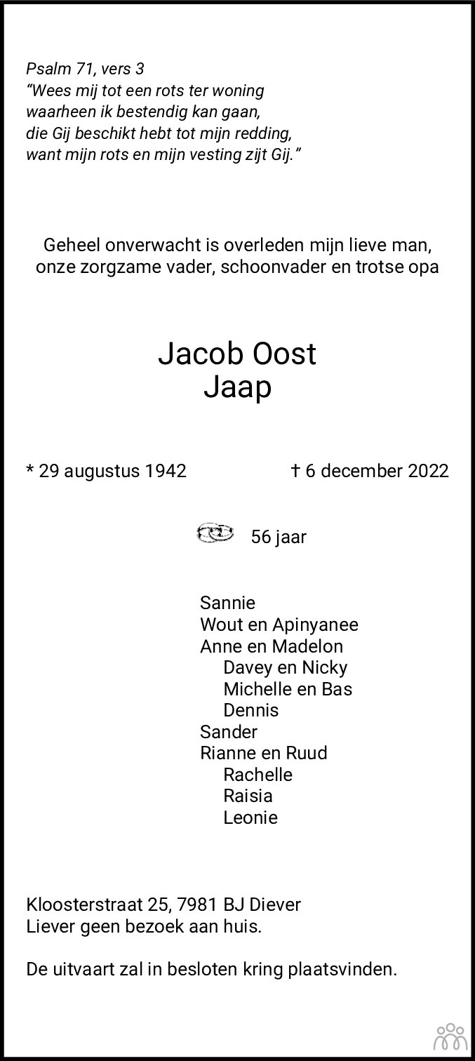 Jacob (Jaap) Oost 06-12-2022 overlijdensbericht en condoleances ...