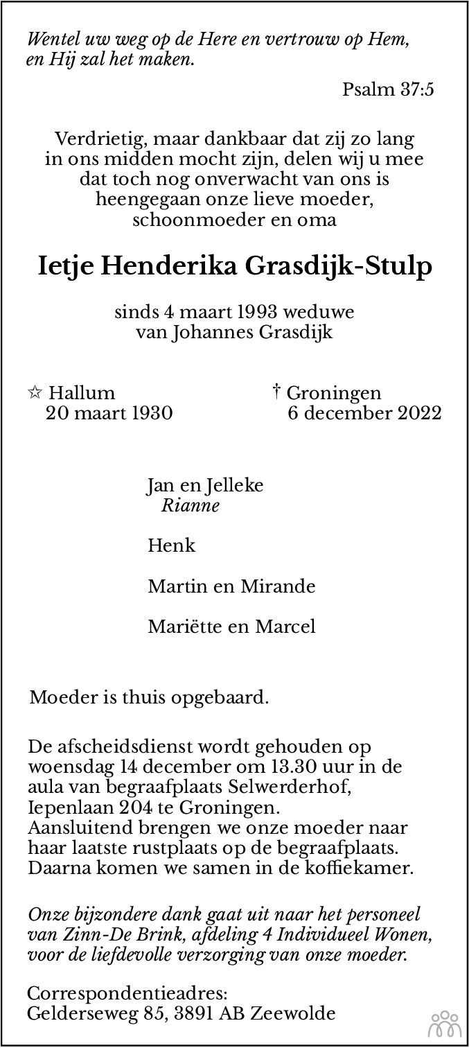 Ietje Henderika Grasdijk-Stulp 06-12-2022 overlijdensbericht en ...