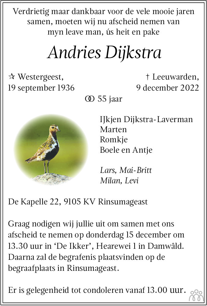Andries Dijkstra 09-12-2022 overlijdensbericht en condoleances ...