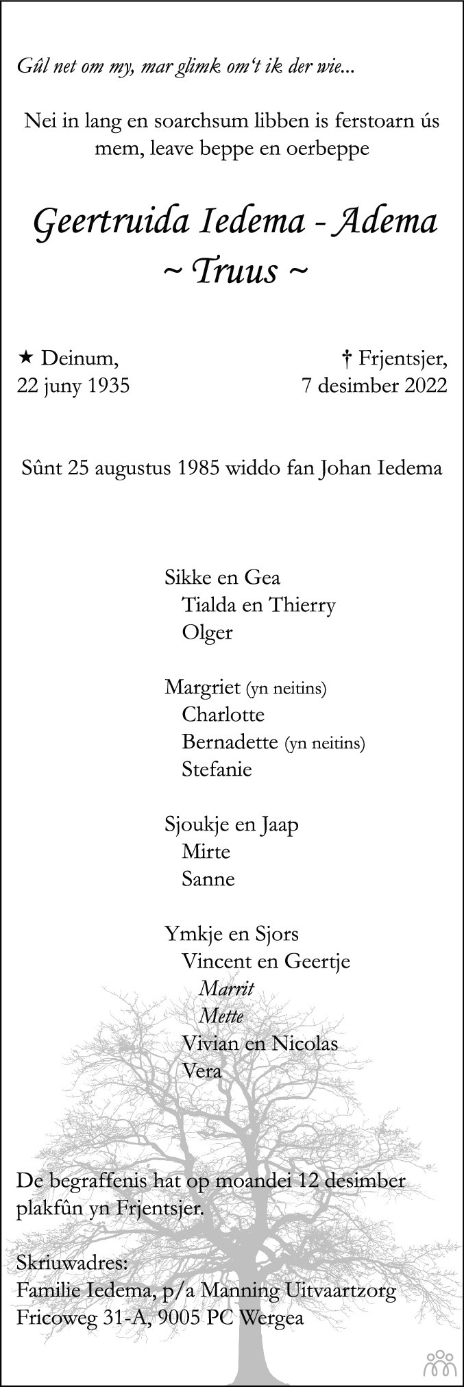 Geertruida (Truus) Iedema-Adema 07-12-2022 overlijdensbericht en ...
