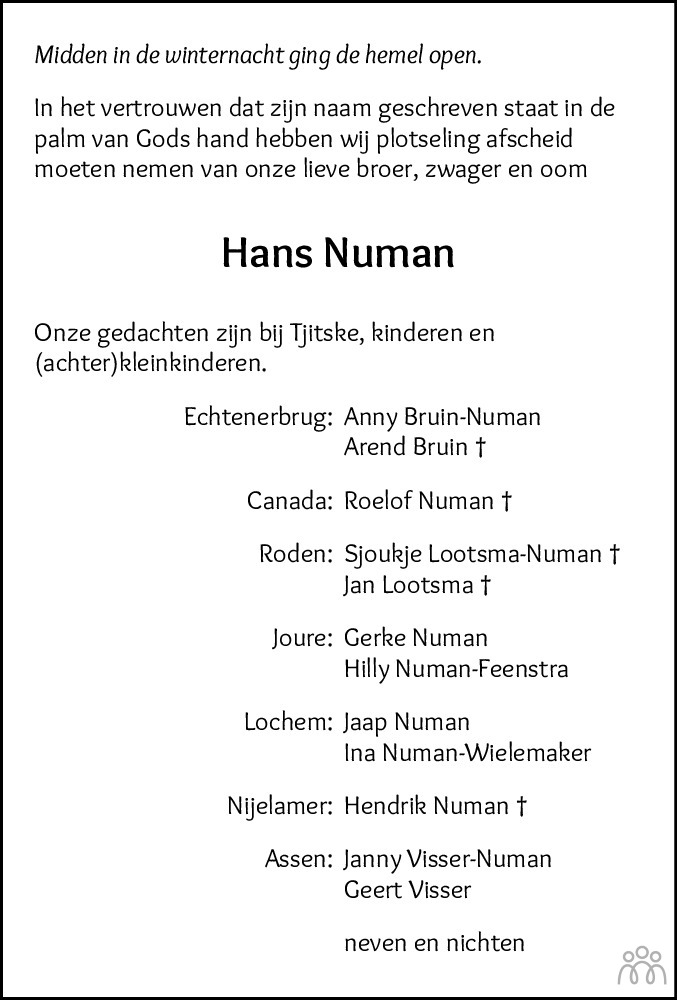 Hans Numan 14-12-2022 overlijdensbericht en condoleances - Mensenlinq.nl
