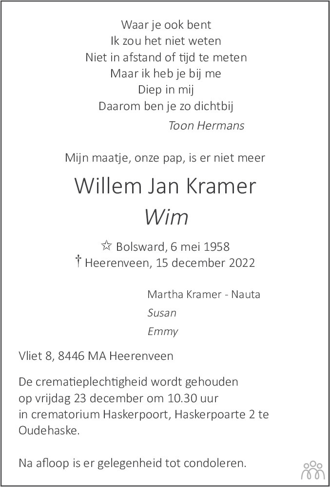 Willem Jan (Wim) Kramer 15-12-2022 overlijdensbericht en condoleances ...
